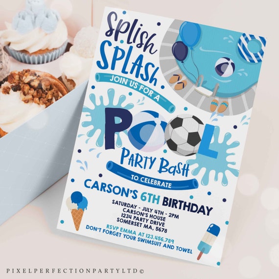 Editable Soccer Pool Party Invitation Sports Summer Pool Party Sports ...