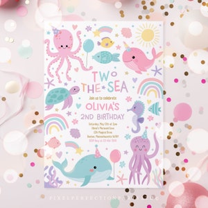 Editable Two the Sea 2nd Birthday Party Invitation Cute Sea Creatures ...