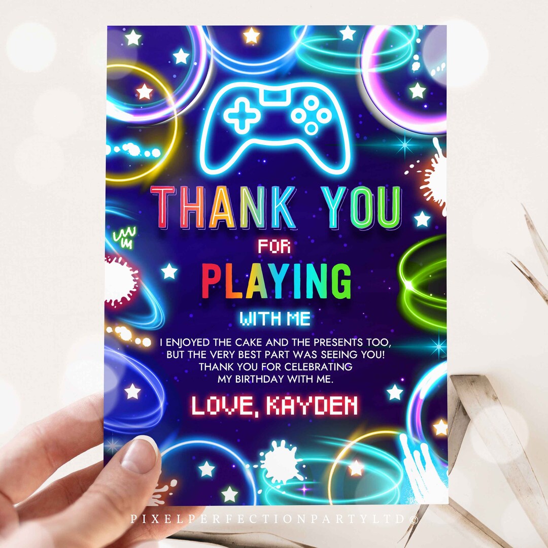 Editable Video Game Birthday Party Thank You Card Neon Gamer Birthday ...