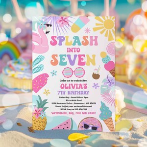 Editable Splash Into Seven 7th Birthday Pool Party Invitation Tropical ...