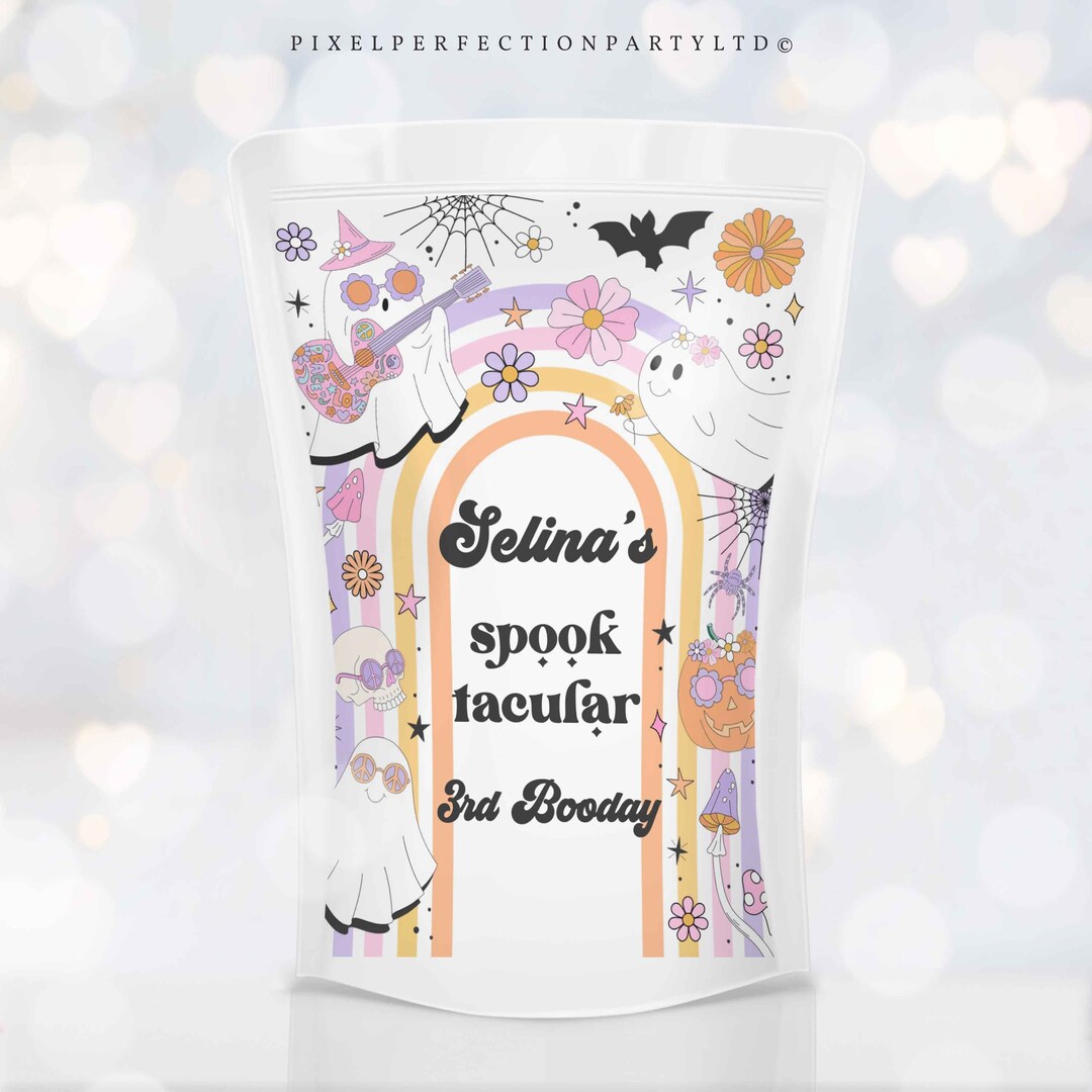 Editable Spooky Halloween Ghost Birthday Juice Pouch Labels Retro ...