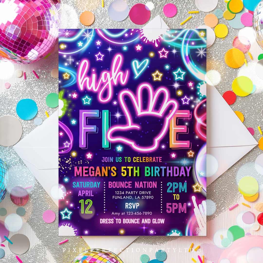 Editable High Five Birthday Party Invitation Neon Glow High Five Hi ...