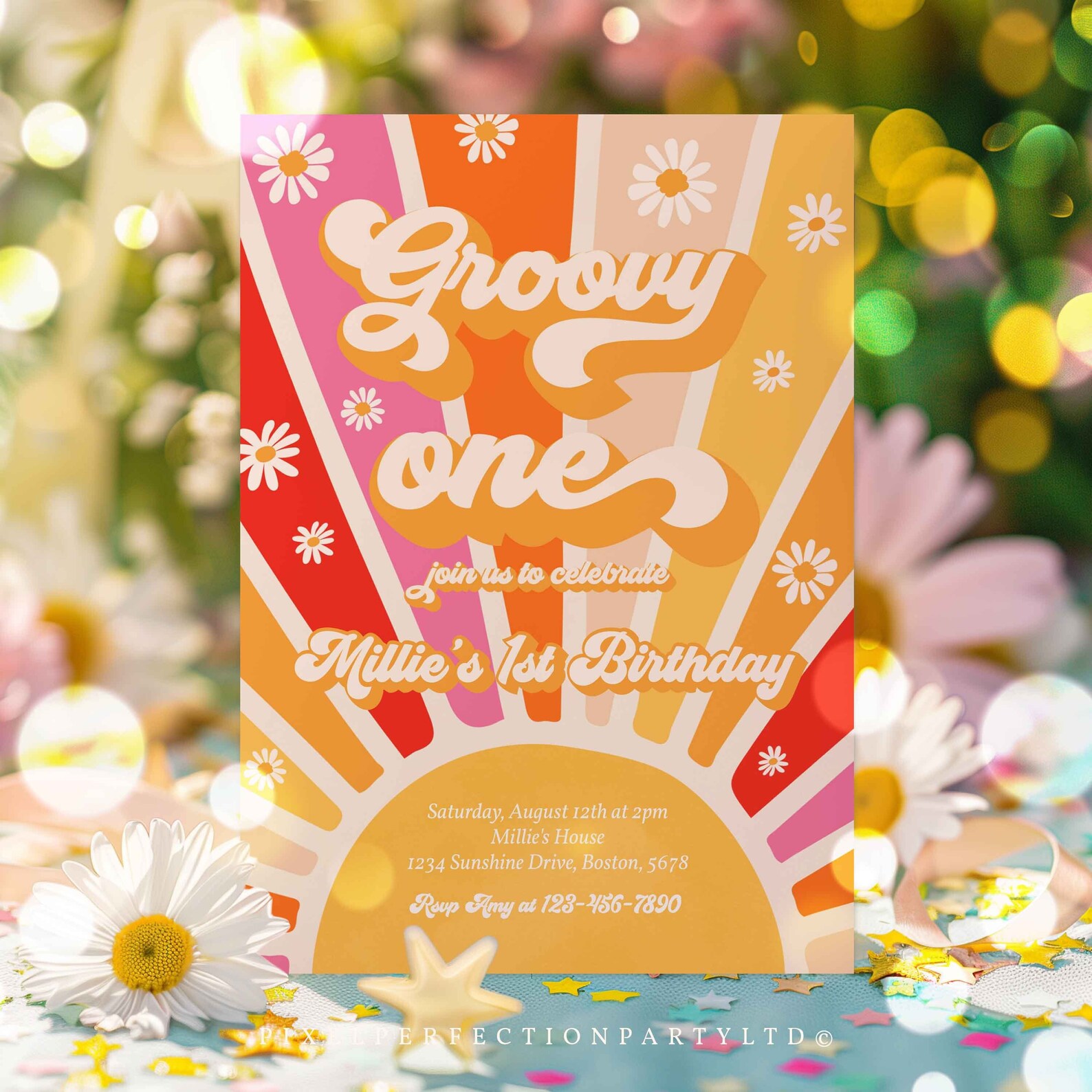 Editable Groovy One Birthday Invitation Retro Sunshine Groovy One 1st ...