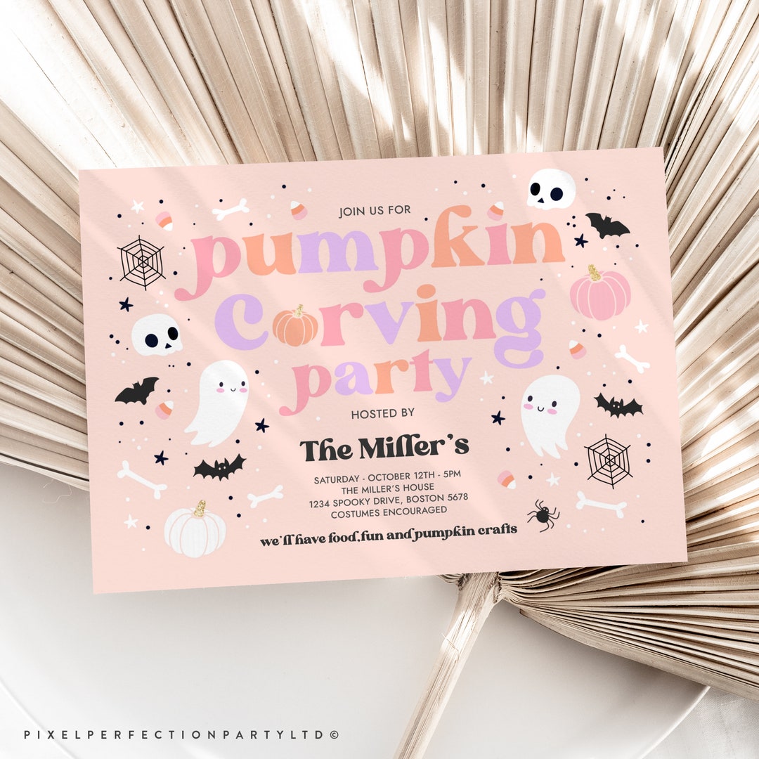 Editable Pumpkin Carving Party Invitation Pink Pumpkin Decorating Party ...