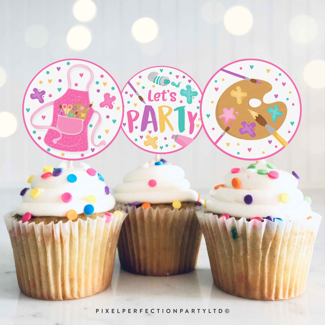 Art Birthday Party Circle Square Cupcake Toppers Painting Party ...