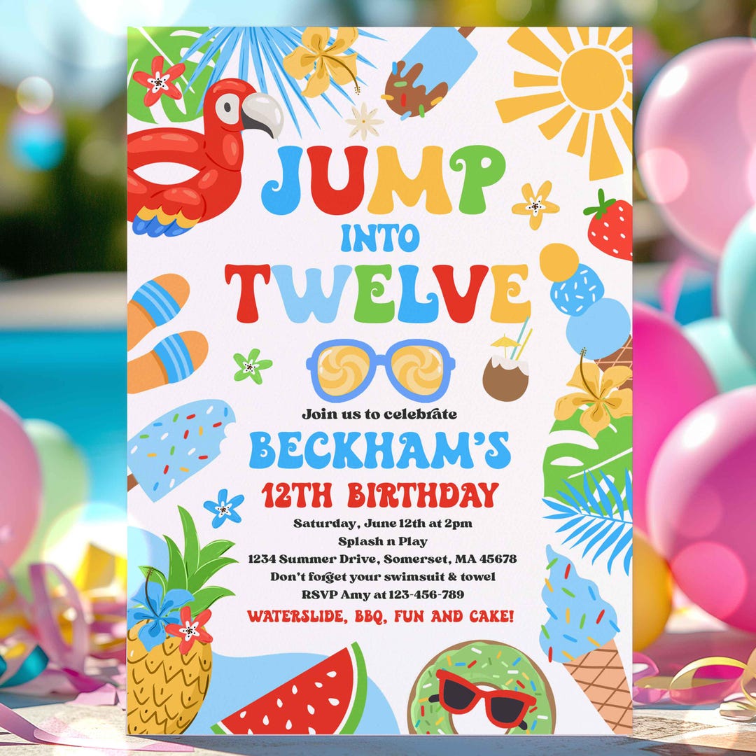 Editable Jump Into Twelve 12th Birthday Pool Party Invitation Tropical ...