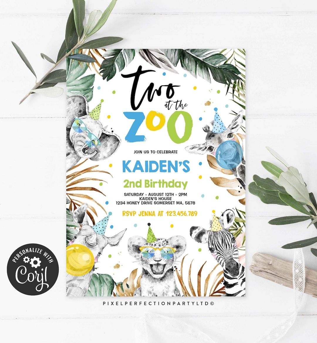 Editable Two at the Zoo Birthday Invitation Safari Animals - Etsy