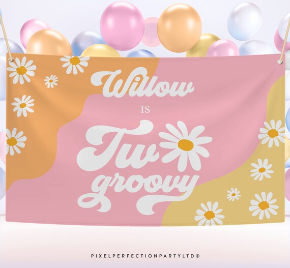 Editable Two Groovy Birthday Backdrop Retro Daisy Two Groovy Birthday ...