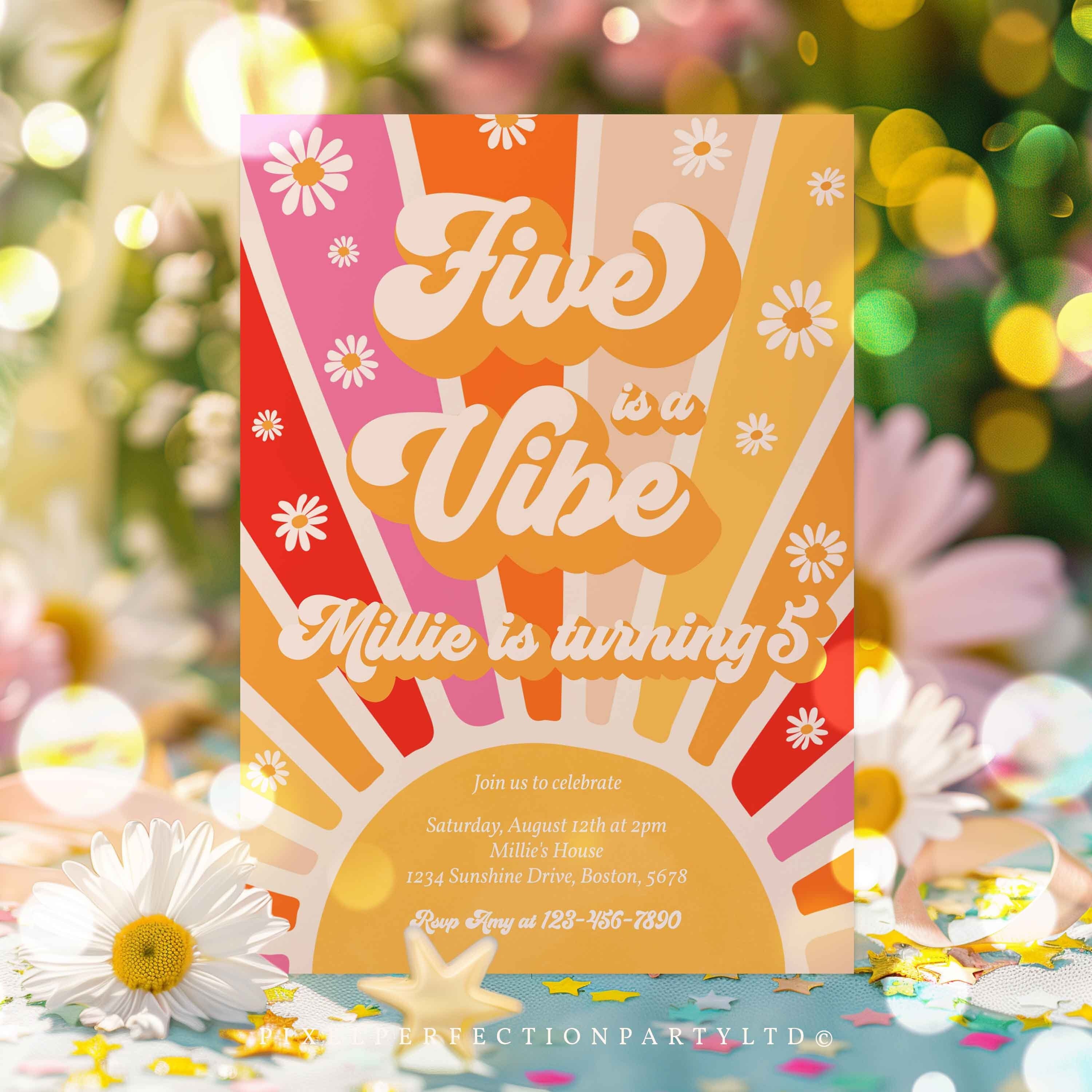 Editable Five is A Vibe Birthday Invitation Retro Daisy Sunshine 5th ...