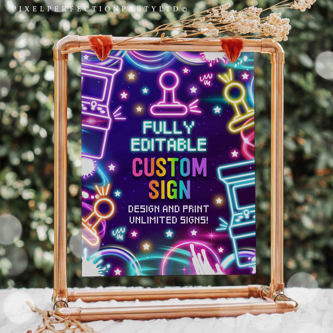 Editable Arcade Party Birthday Custom Sign Girl Neon Glow Retro Video ...