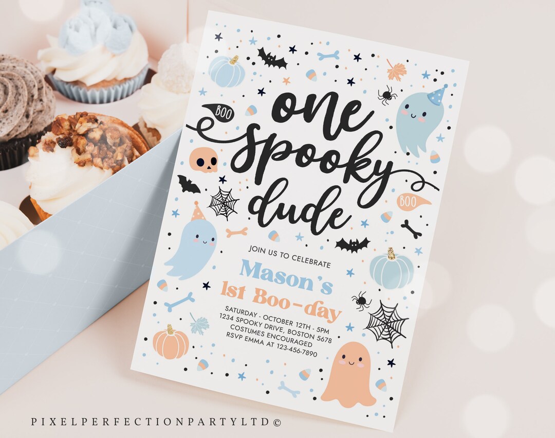 Editable One Spooky Dude Cute Blue Ghost 1st Birthday Party Invitation ...