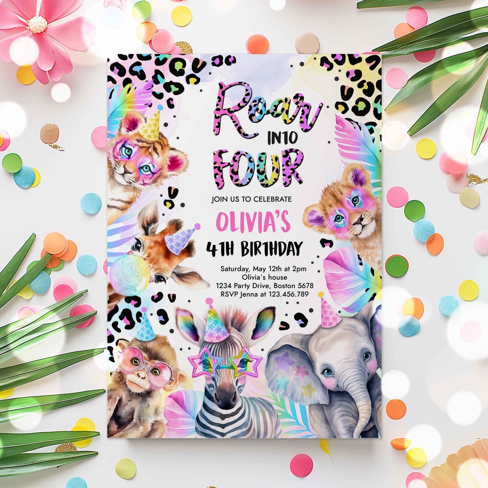 Editable Roar Into Four Safari Animals Birthday Invitation Pastel ...