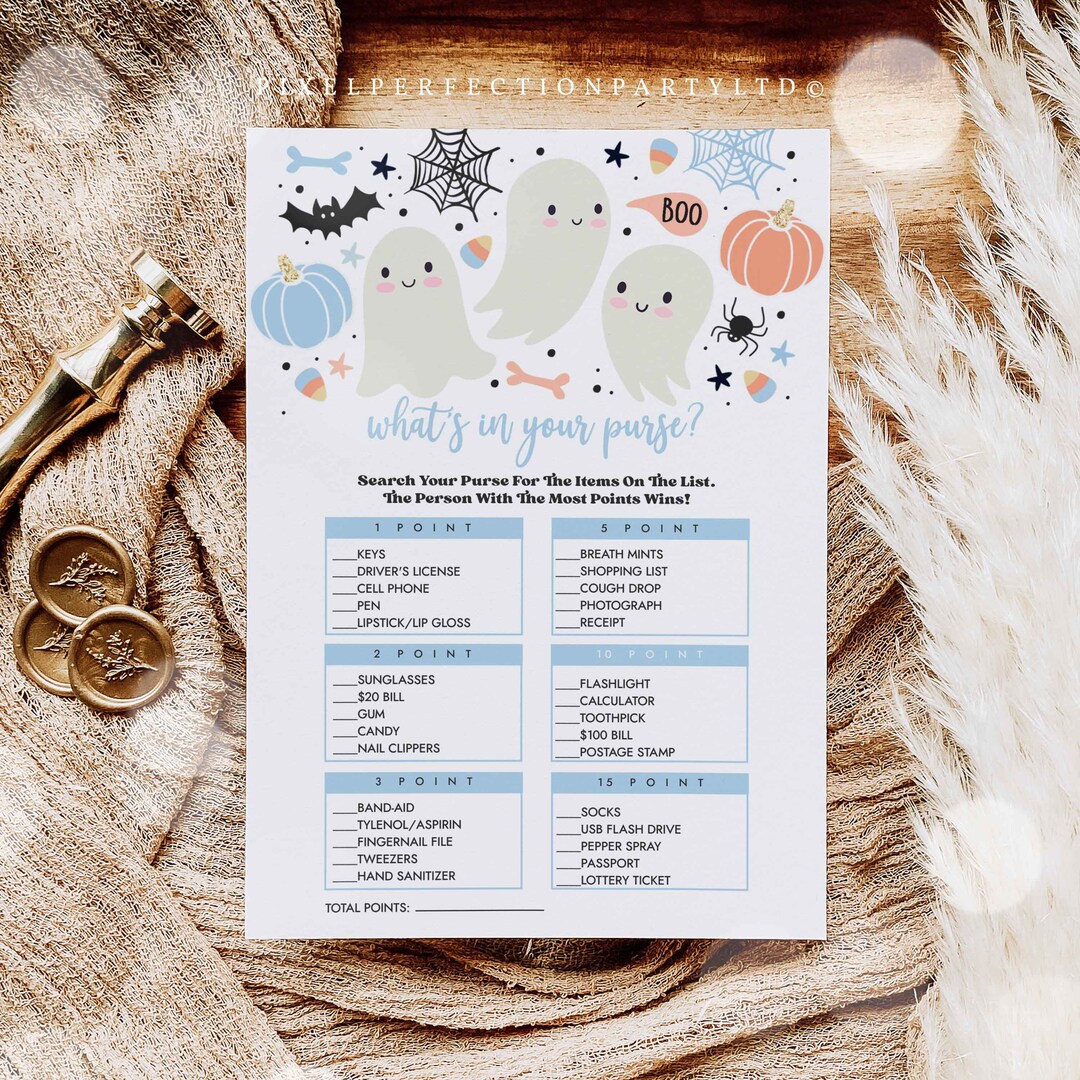 Editable Little Boo Baby Shower Whats in Your Purse Game Halloween Blue ...