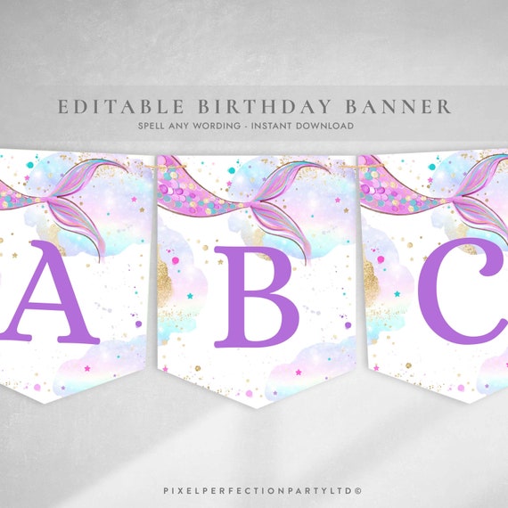 Editable Mermaid Birthday Banner Fully Editable Mermaid Party Banner ...