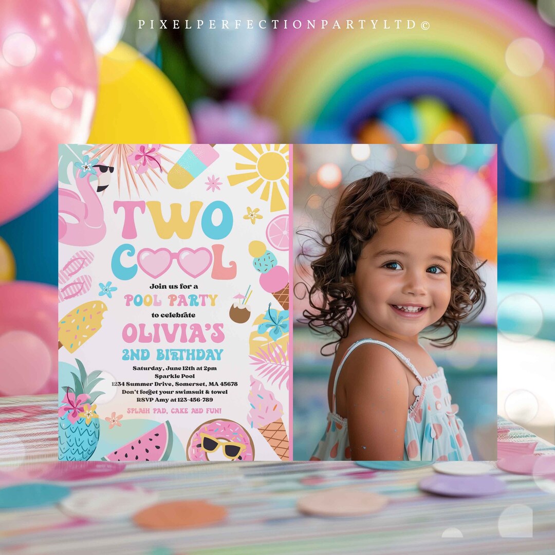Editable Two Cool Birthday Party Invitation Tropical Splish Splash ...