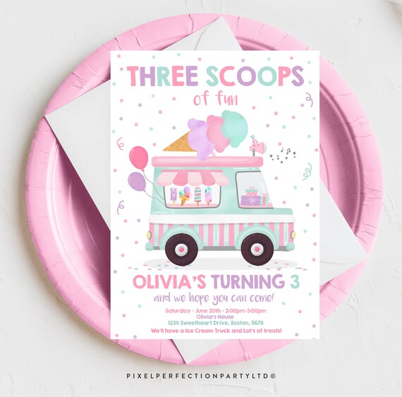 Editable Ice Cream Truck Three Scoops Of Fun 3rd Birthday Party