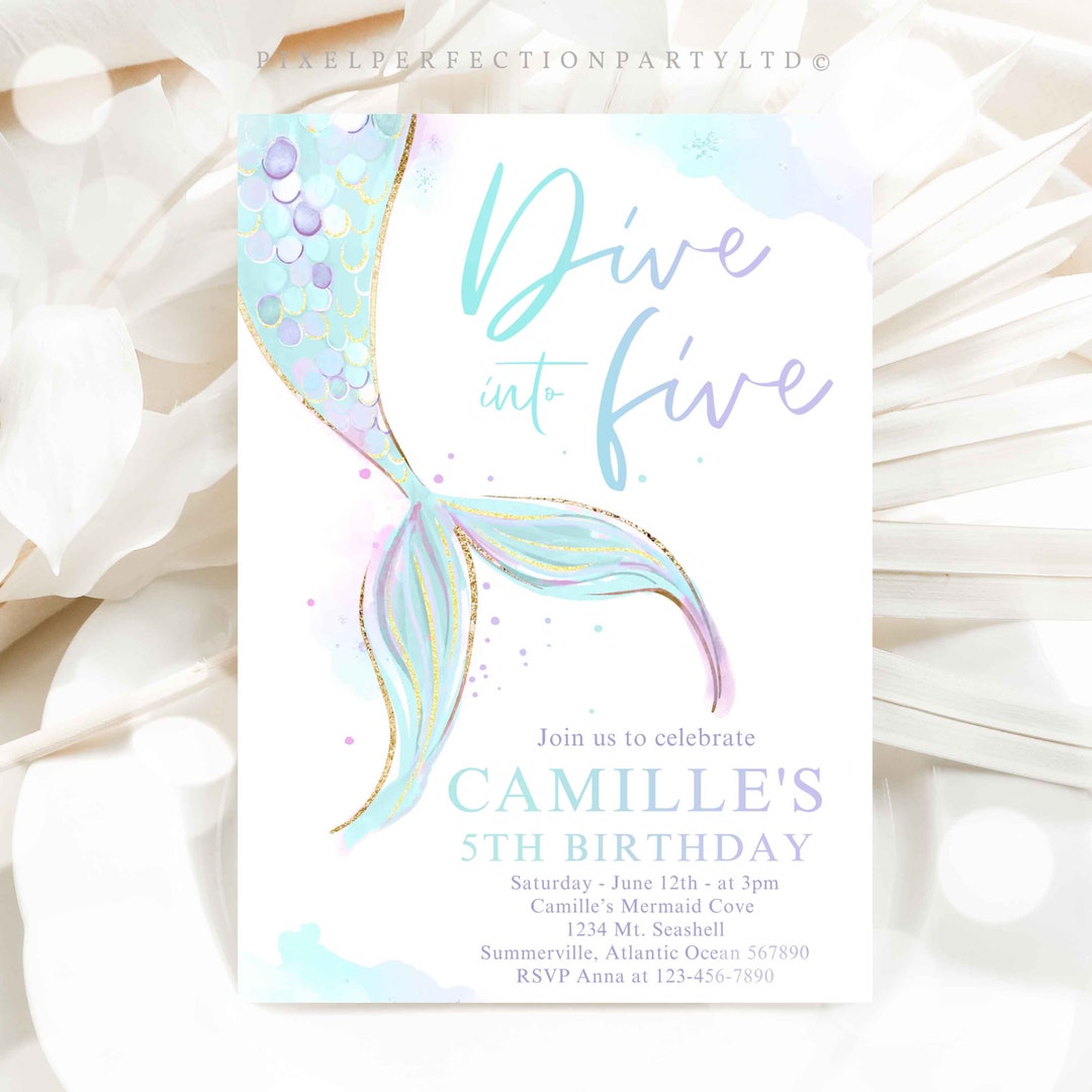 Editable Mermaid Dive Into Five 5th Birthday Invitation Purple Mint ...