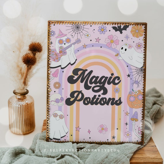 Halloween Ghost Birthday Party Magic Potions Sign Retro Groovy Rainbow ...