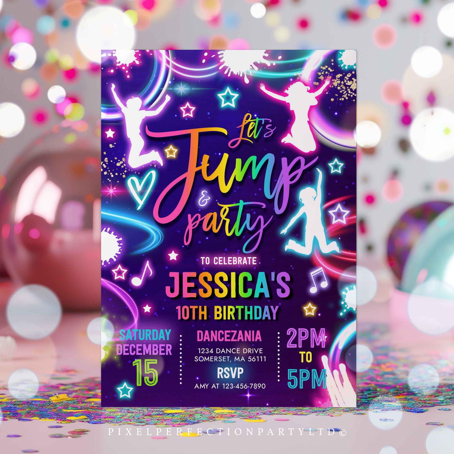 Editable Jump Birthday Party Invitation Neon Glow Jump Birthday Party ...