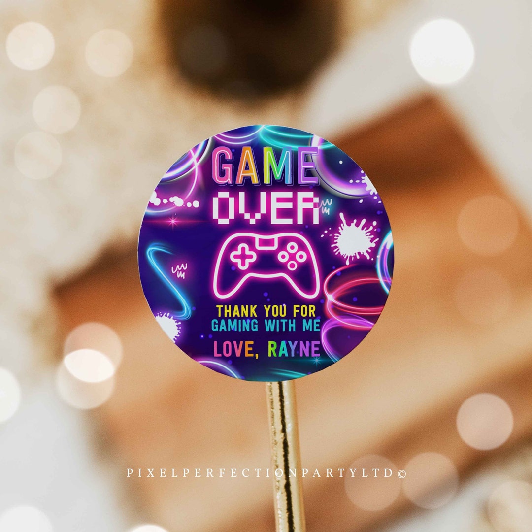 Editable Video Game Party Circle Square Favor Tags Neon Gamer Birthday ...