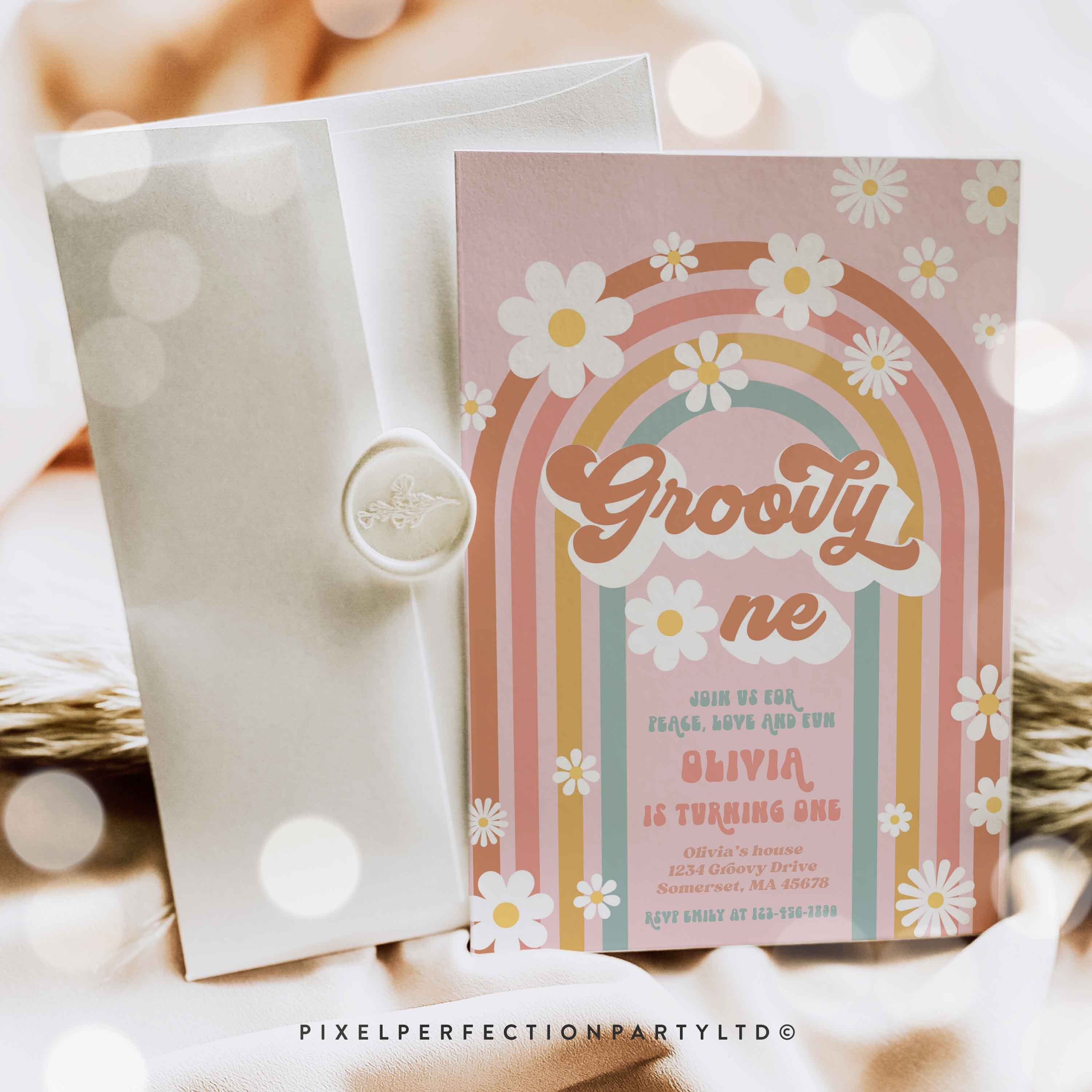 Editable Groovy One Birthday Party Invitation Peace Love Party Groovy ...