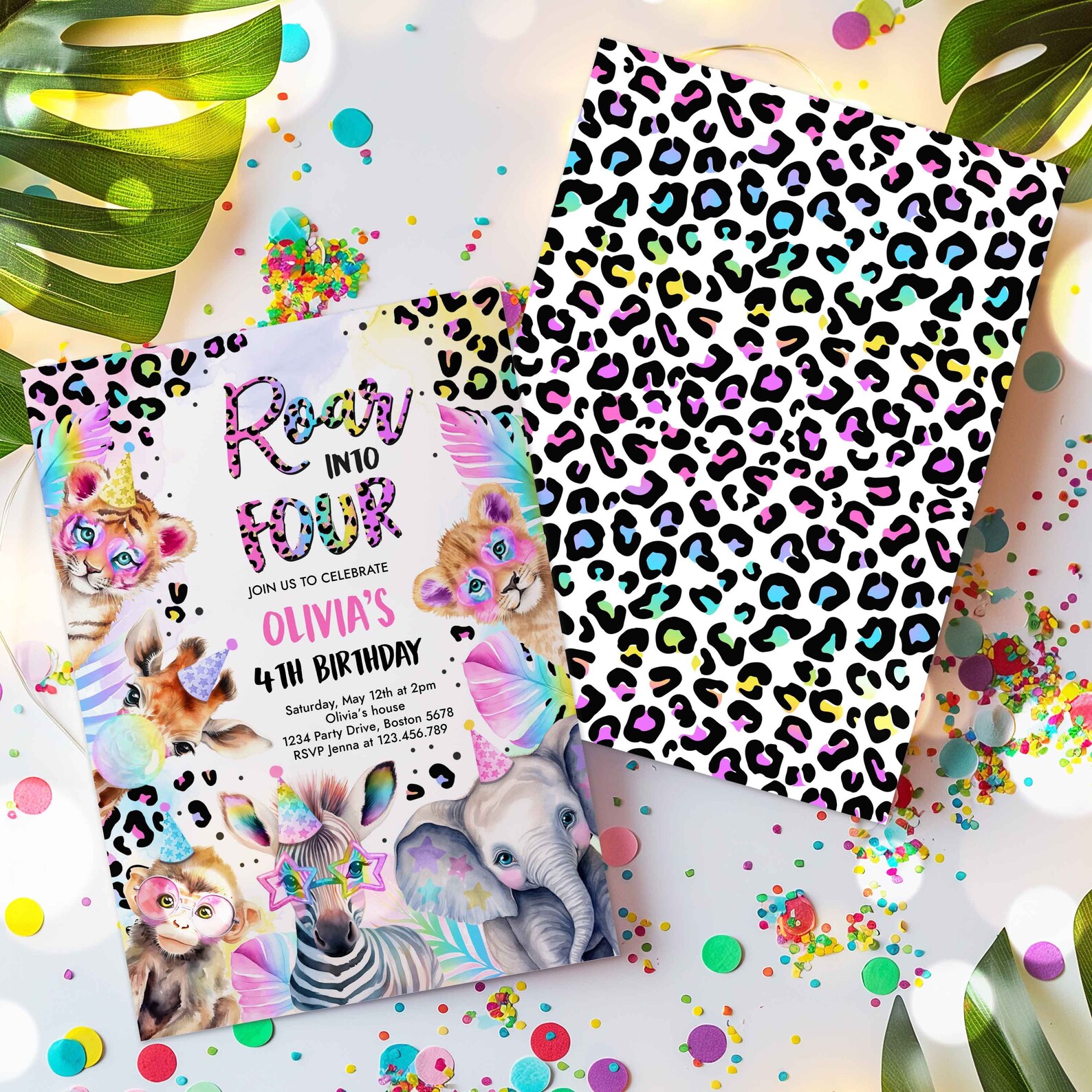 Editable Roar Into Four Safari Animals Birthday Invitation Pastel ...