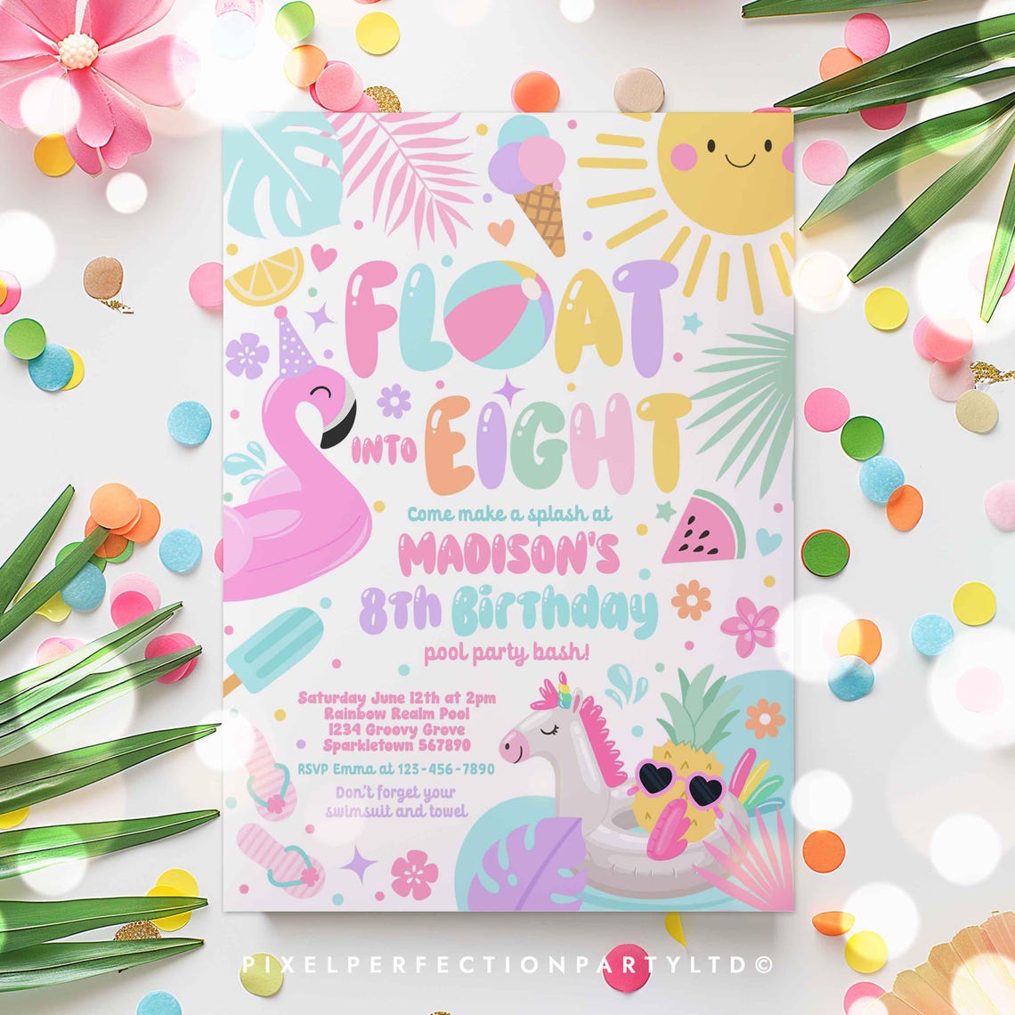 Editable Float Into Eight 8th Birthday Pool Party Invitation Tropical ...