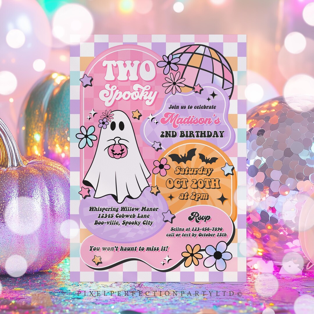 Editable Two Spooky Halloween Ghost 2nd Birthday Invitation Retro ...
