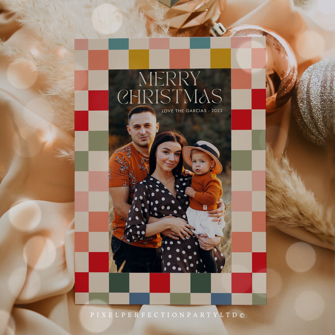 Editable Christmas Photo Card Template Modern Checkered Holiday Holiday ...