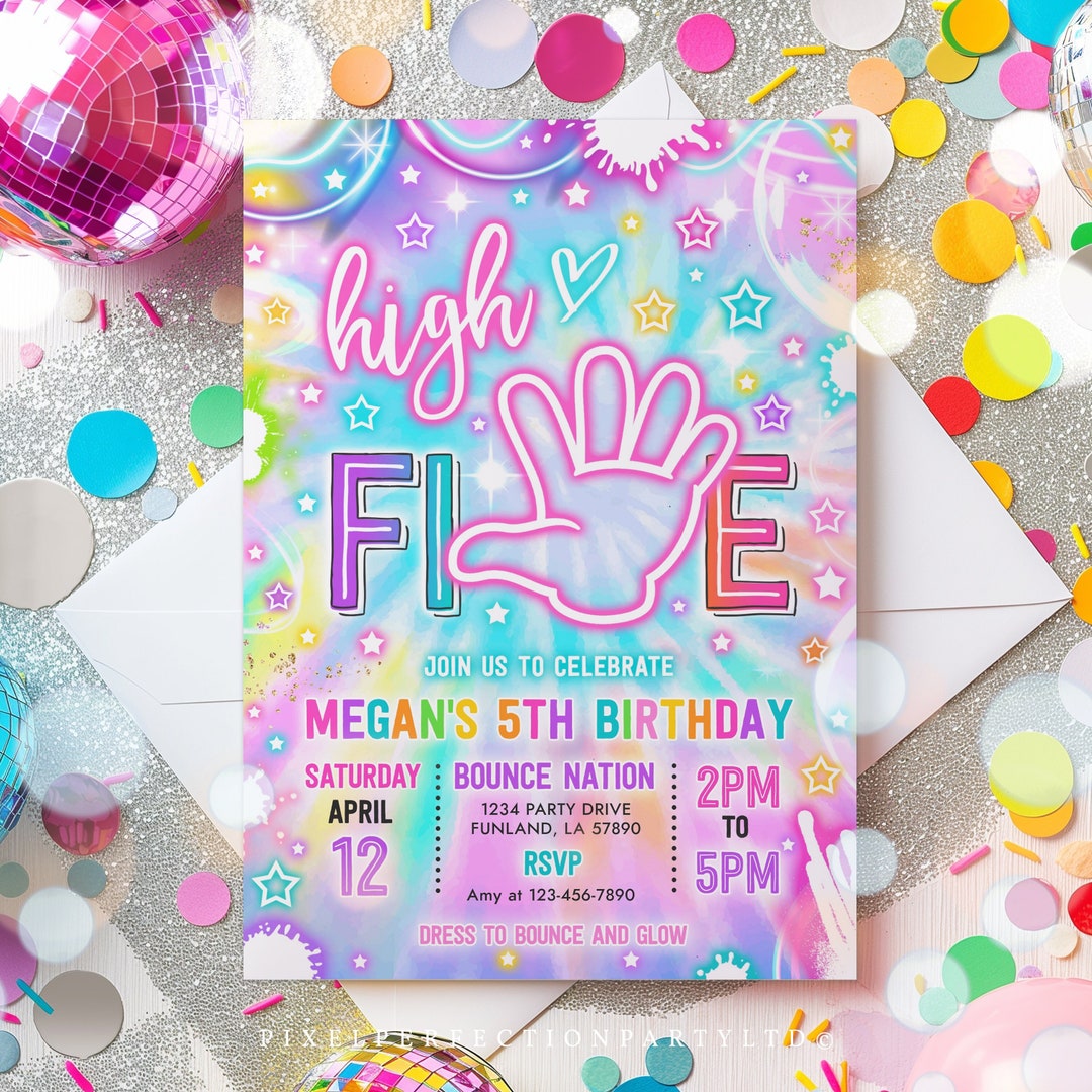 Editable High Five Birthday Party Invitation Neon Glow High Five Hi ...