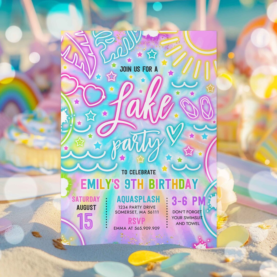 Editable Lake Birthday Party Invitation Glow Neon Tie Dye Summer Summer ...