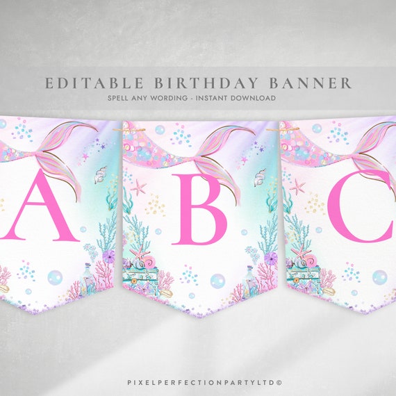 Editable Mermaid Birthday Banner Fully Editable Mermaid Party Banner ...