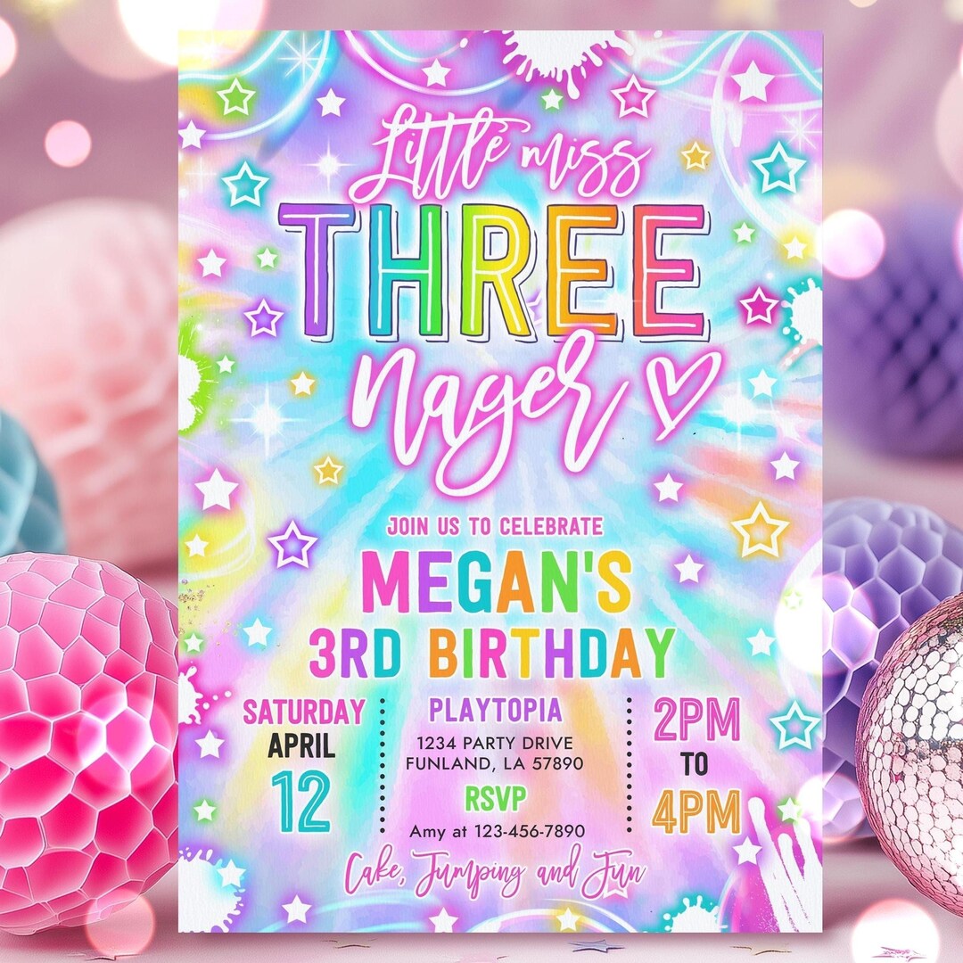 Editable Little Miss Three-nager 3rd Birthday Party Invitation Neon ...
