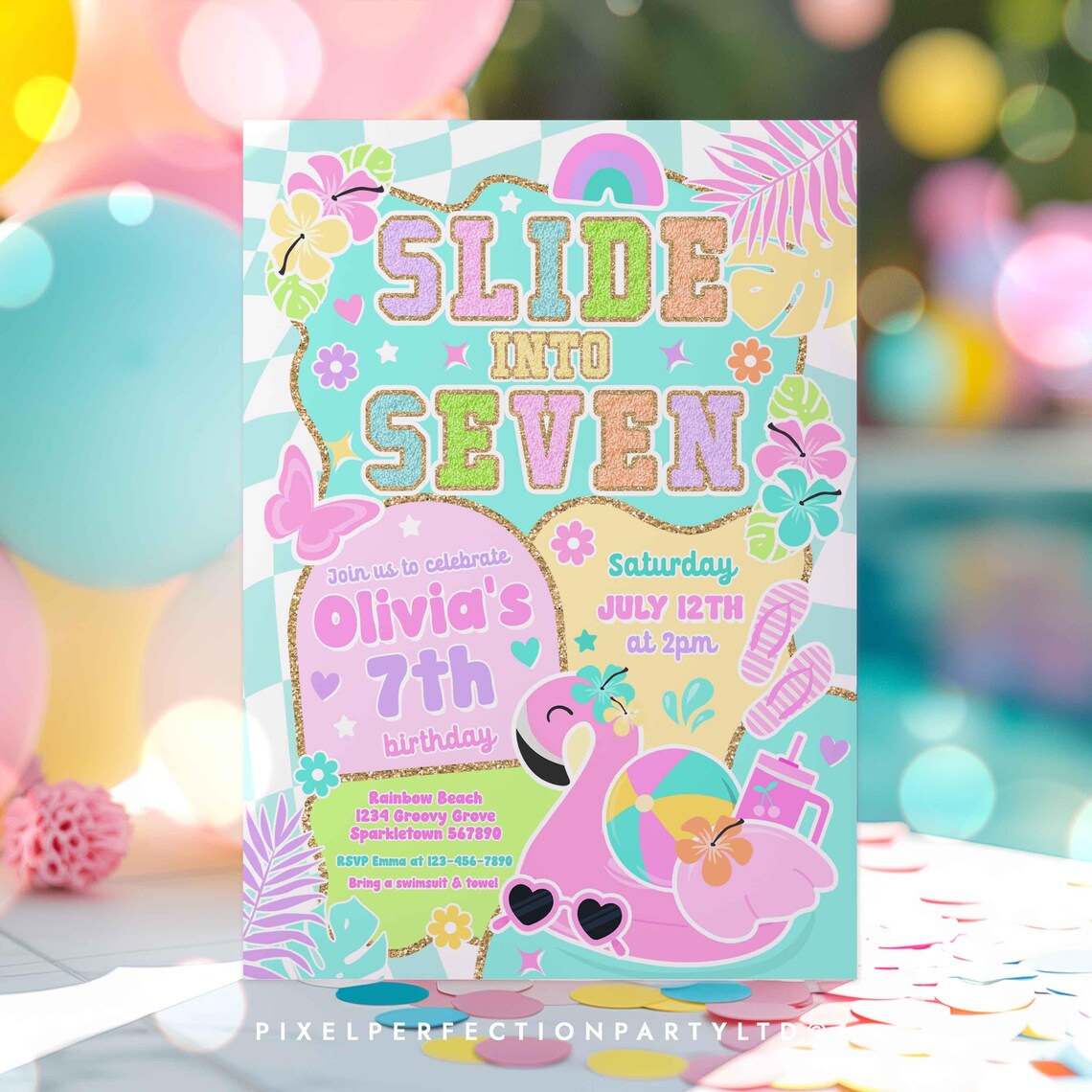 Editable Preppy 7th Birthday Pool Party Invitation Varsity Girl Fashion ...