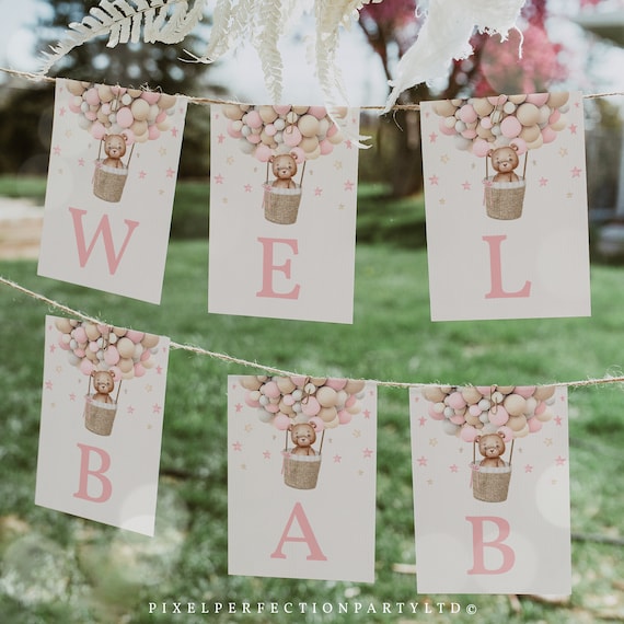 Editable Teddy Bear Hot Air Balloon Baby Shower Banner Pink Girl Teddy ...