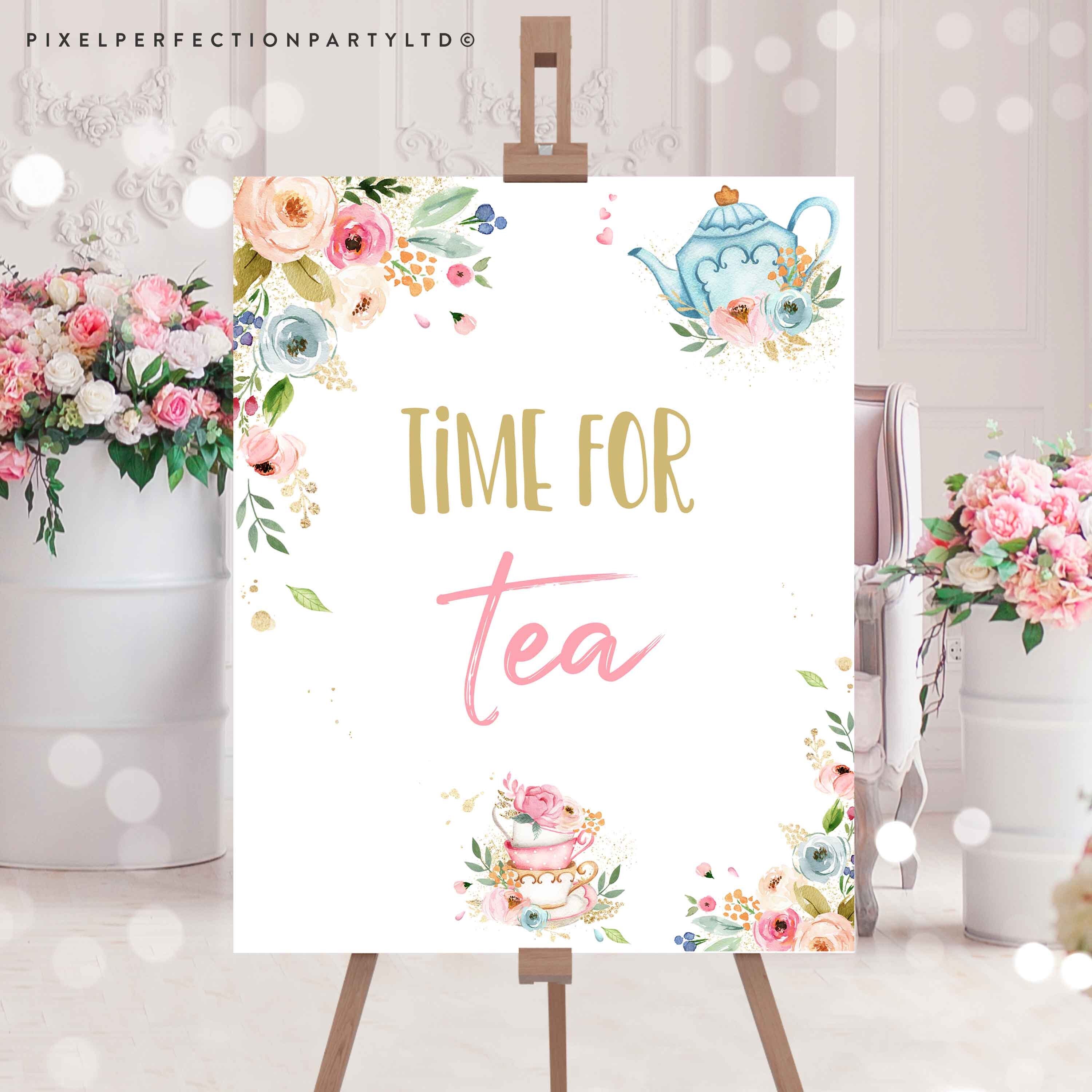 Tea Party Table Sign Time For Tea Sign Pink & Gold Floral | Etsy