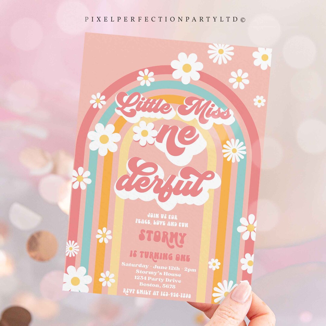Editable Little Miss Onederful Daisy 1st Birthday Party Invitation Boho ...