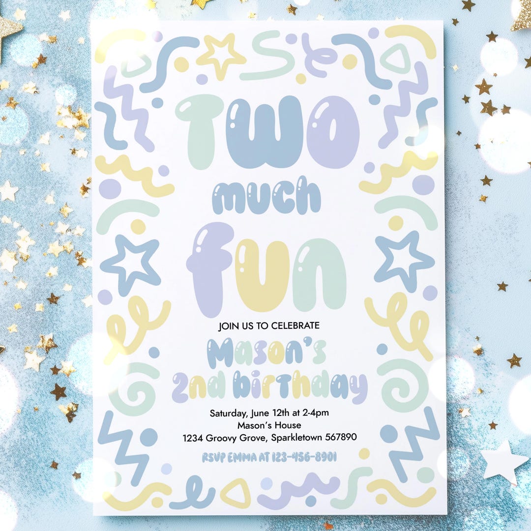 Editable Two Much Fun Balloon Letters Doodle Birthday Party Invitation ...