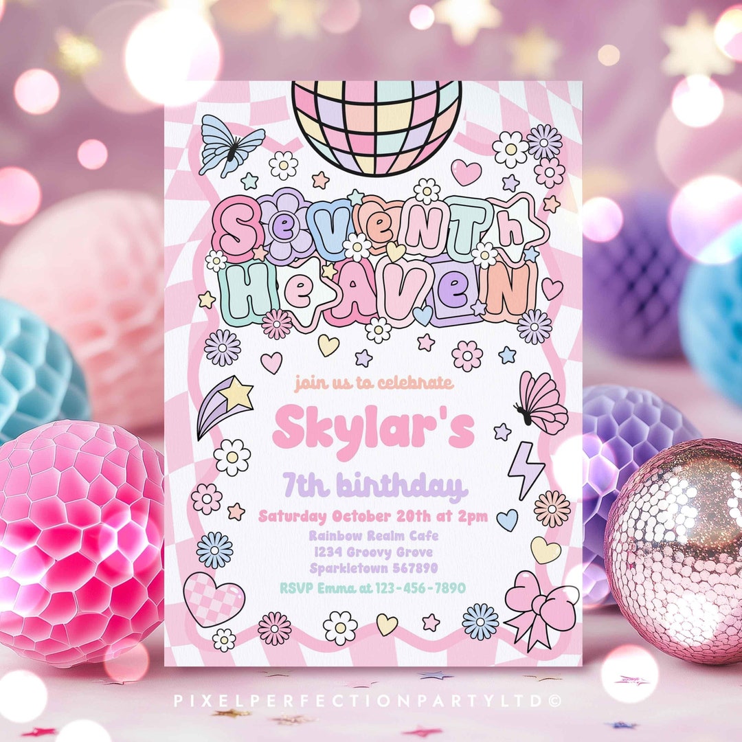 Editable 7th Heaven Preppy 7th Birthday Party Invitation Y2K Retro ...