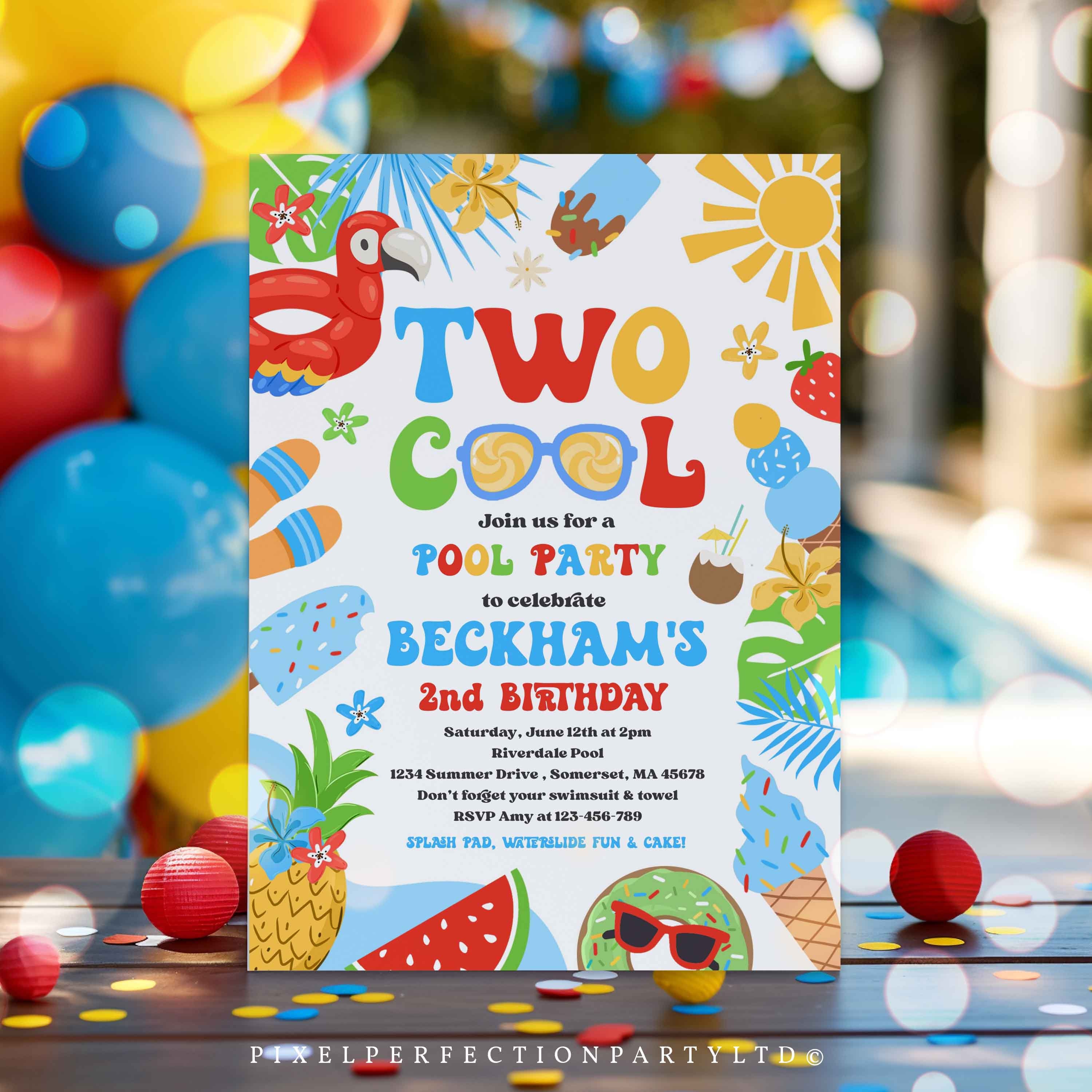 Editable Two Cool Birthday Party Invitation Tropical Splish Splash ...