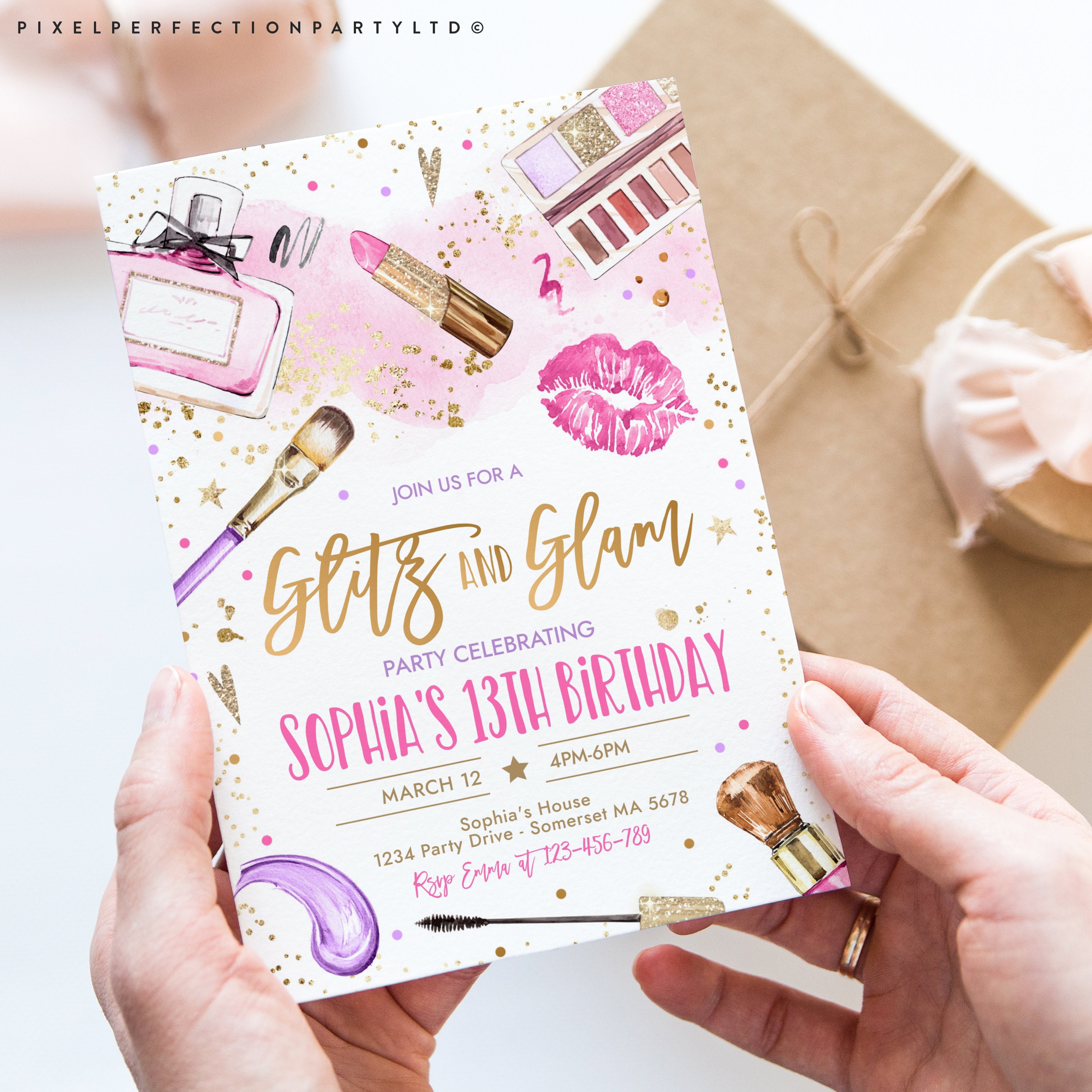 Editable Glitz And Glam Birthday Party Invitation Spa Makeup Birthday ...