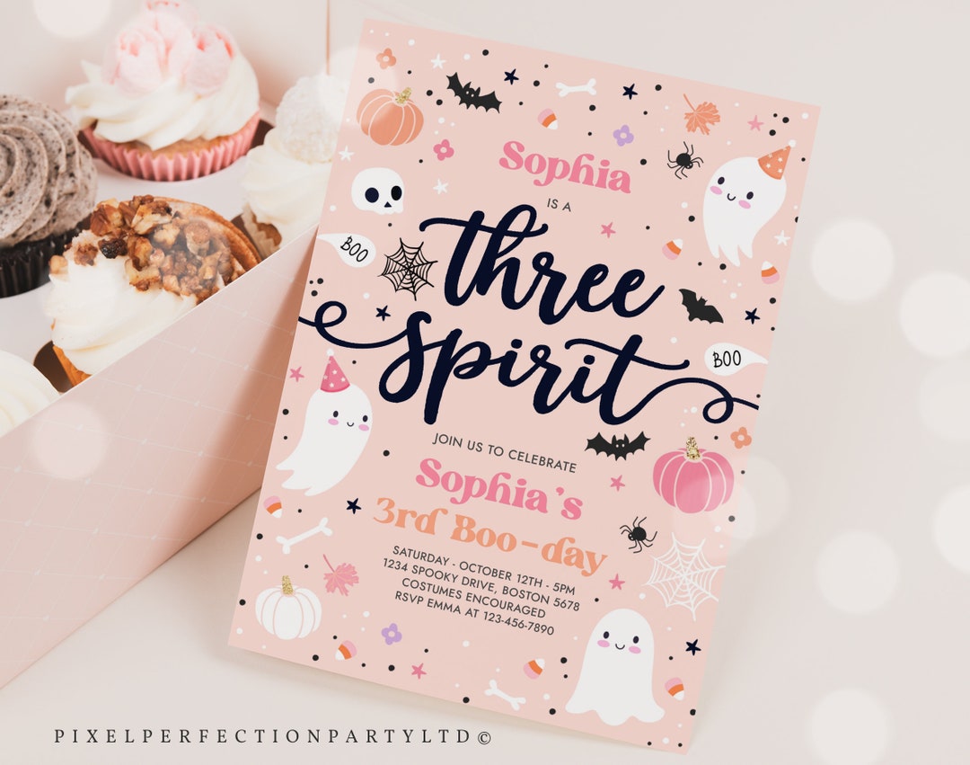 Editable Three Spirit Halloween Ghost 3rd Birthday Party Invitation ...