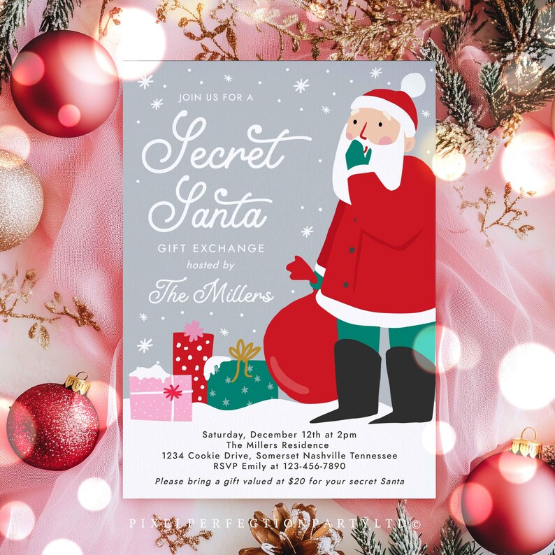 Editable Secret Santa Gift Exchange Invitation Santa Holiday Gift ...