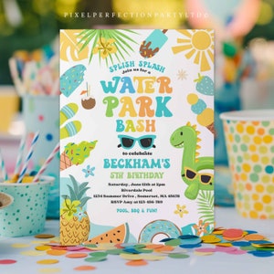 Editable Water Park Birthday Party Invitation Tropical Splish Splash ...