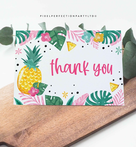 Editable Hawaiian Luau Fold Over Thank You Card Pineapple Folded Thank ...