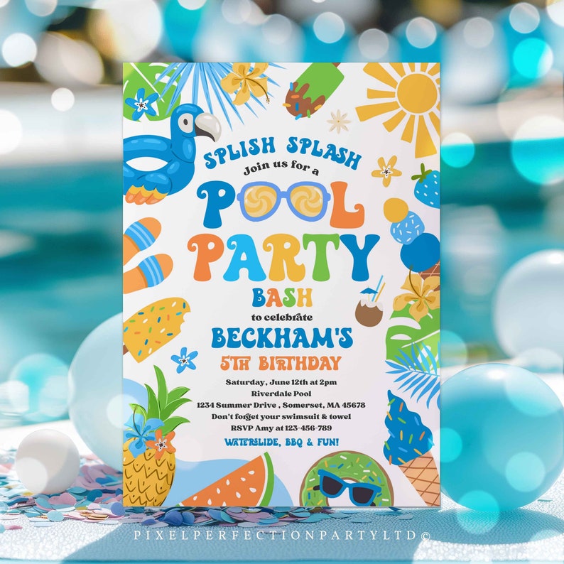 Editable Boat Birthday Party Invitation Tropical Splish Splash Boy Pool ...