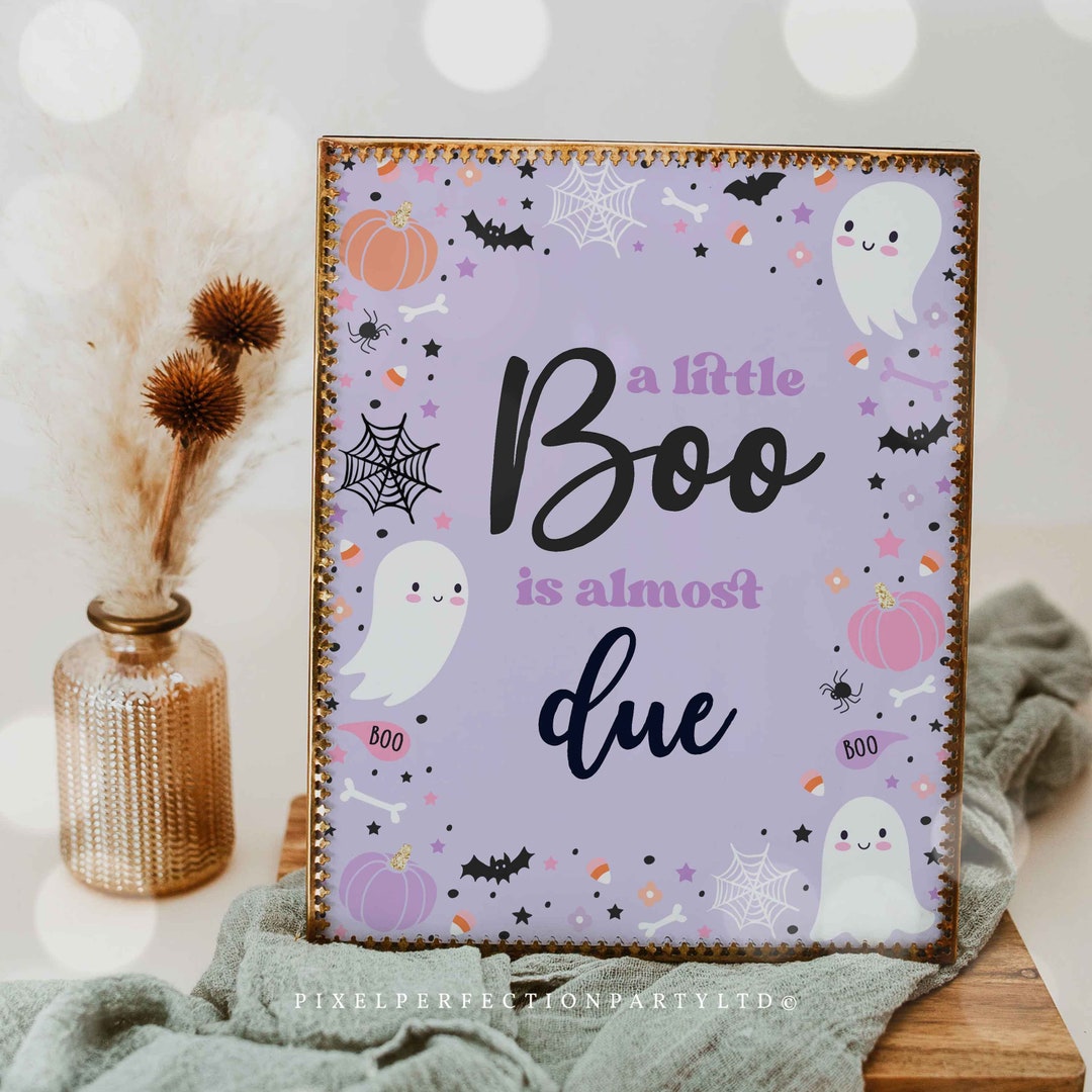 Little Boo Almost Due Baby Shower Sign Halloween Purple Cute Ghost Baby ...