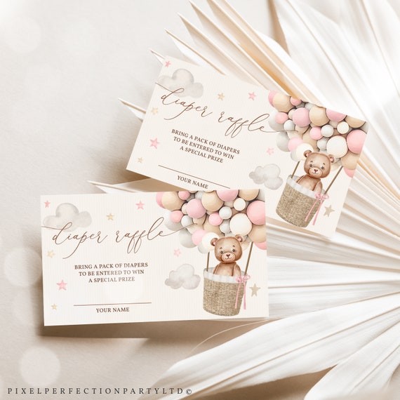 Editable Teddy Bear Hot Air Balloon Baby Shower Diaper Raffle Ticket ...