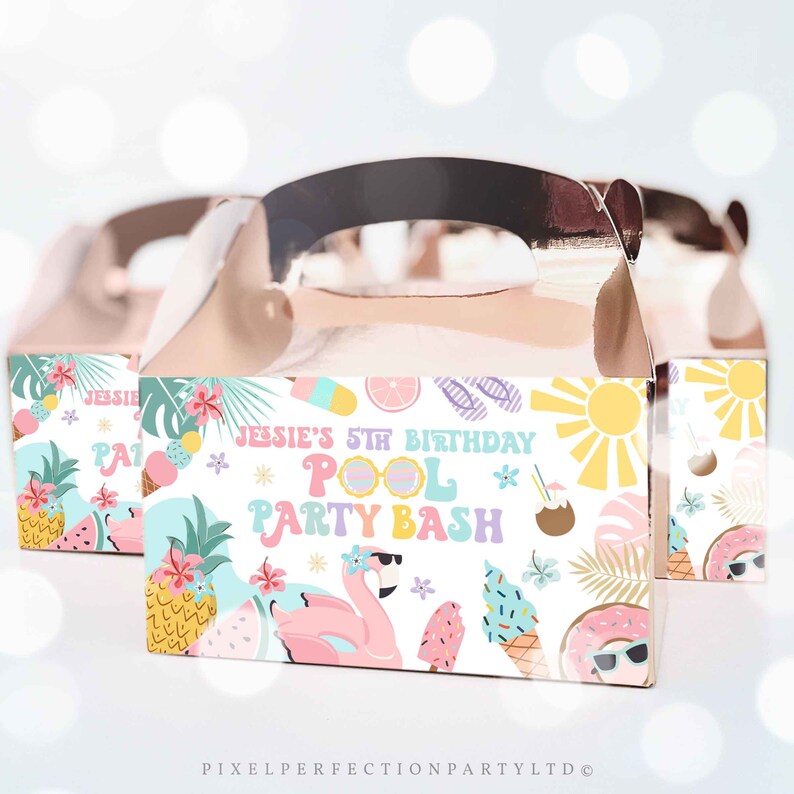 Editable Pool Party Gable Box Labels Tropical Splish Splash Girly Pool ...