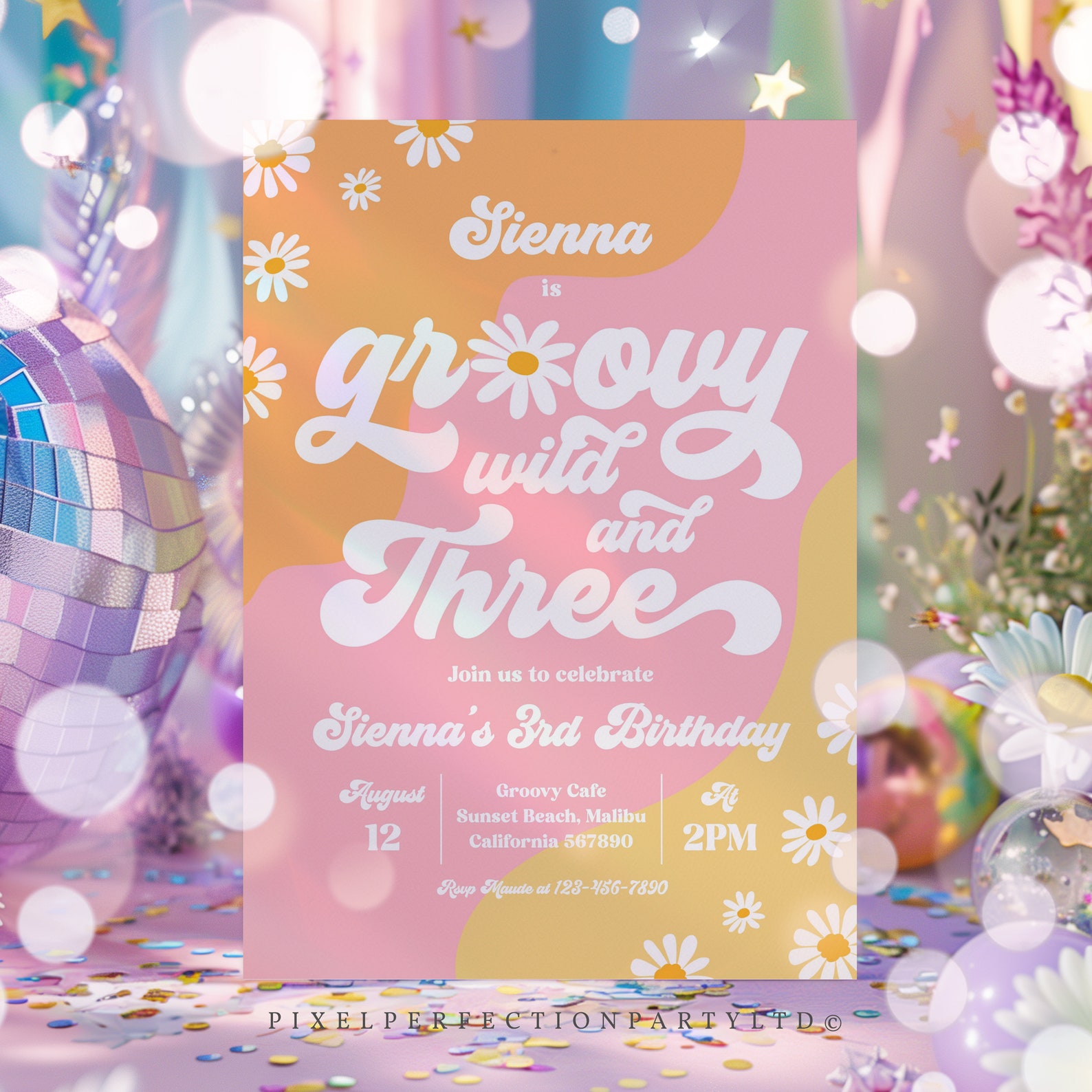 Editable Groovy Wild and Three 3rd Birthday Invitation Boho Daisy Wild ...